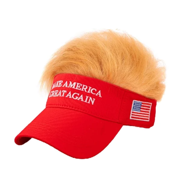 Donald Trump Red Visor Hat with Hair - Becs Costume Box